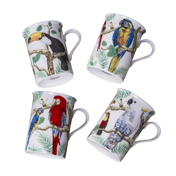 4 Assorted Tropical Parrots Mugs, Set of 4