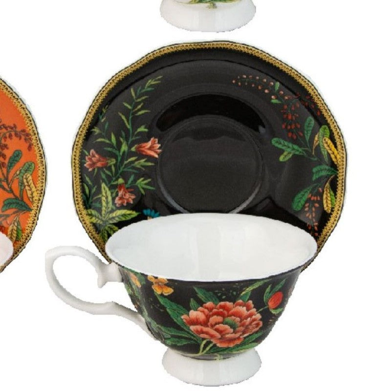 Bone China Dianthus Black Tea/coffee Cups and Saucers, Set of 4