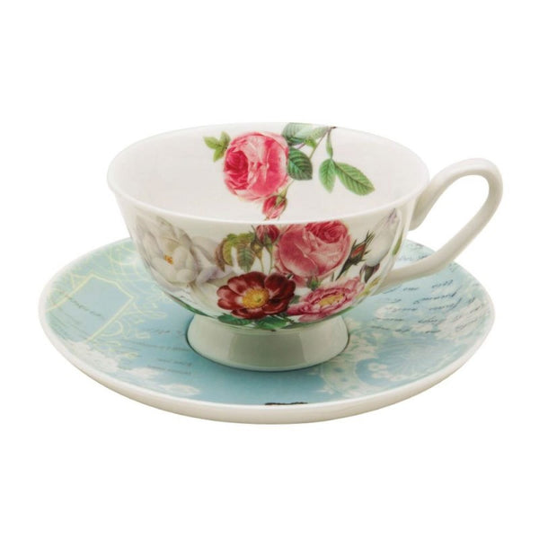 Botanical Blue Bird Coffee Cups and Saucers, Set of 4