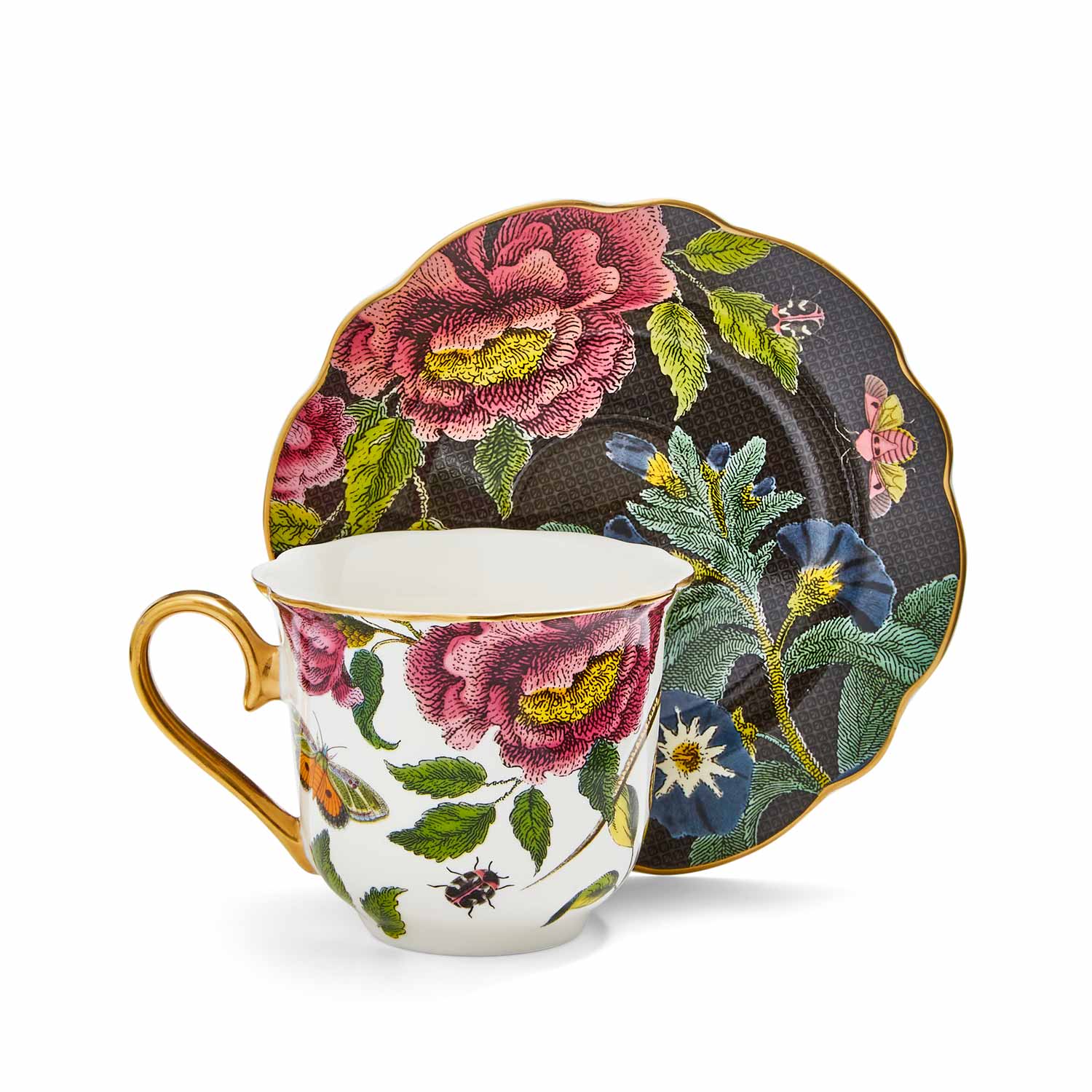 Spode Creatures of Curiosity Dark Floral Teacup and Saucer (Snake/Blac