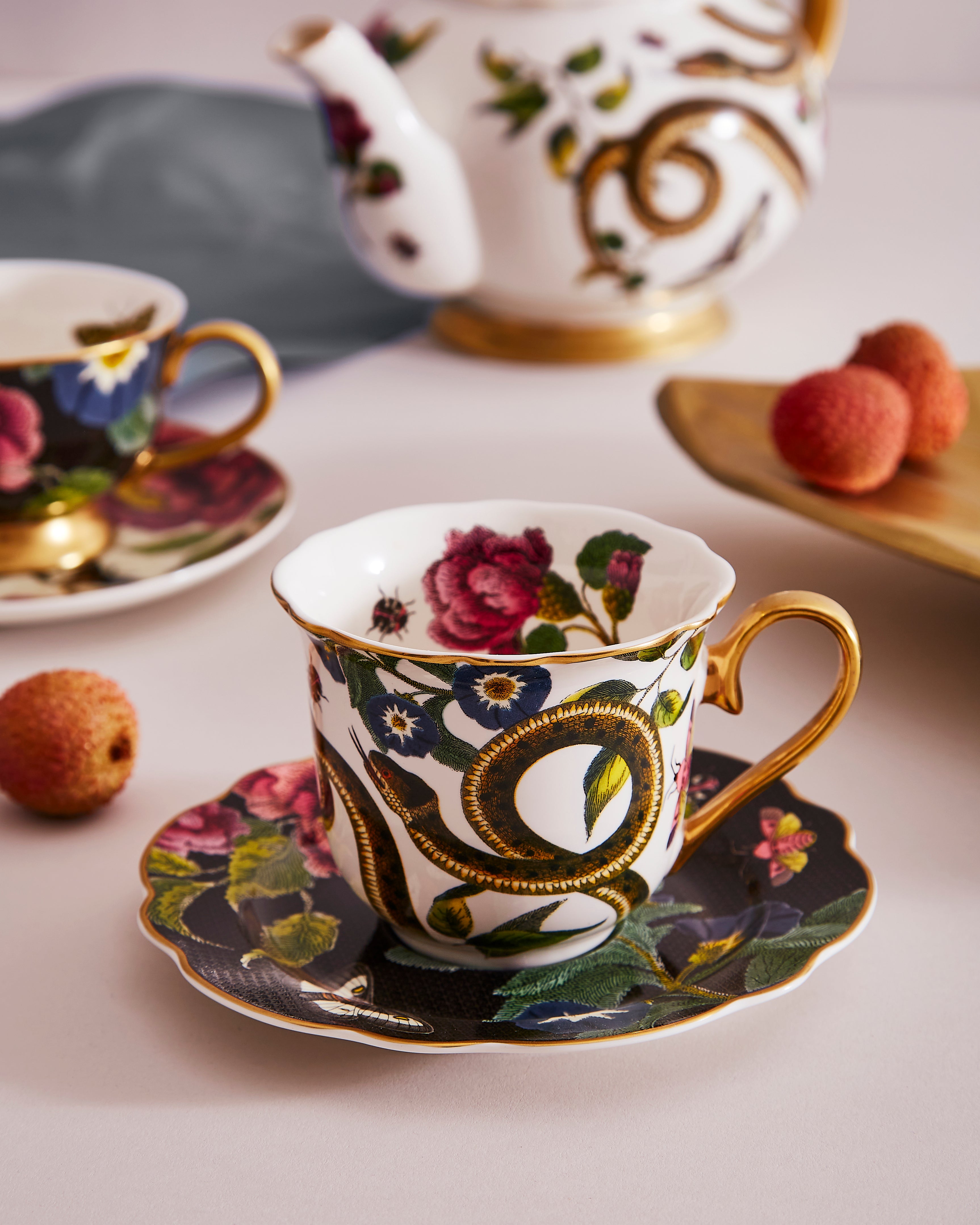 Spode Creatures of Curiosity Dark Floral Teacup and Saucer (Snake/Blac