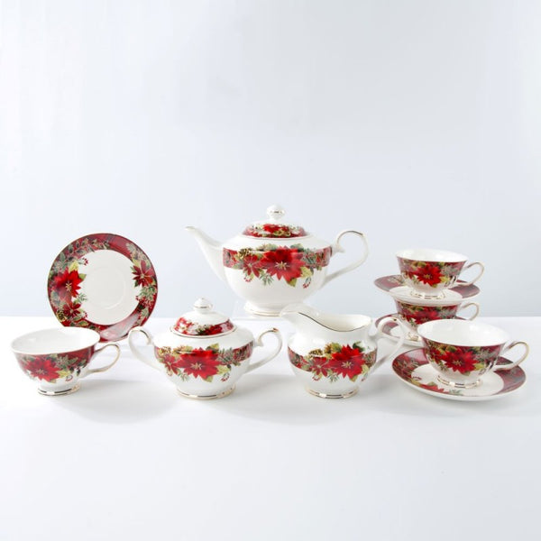 Red Poinsettia 11 Piece Tea Set