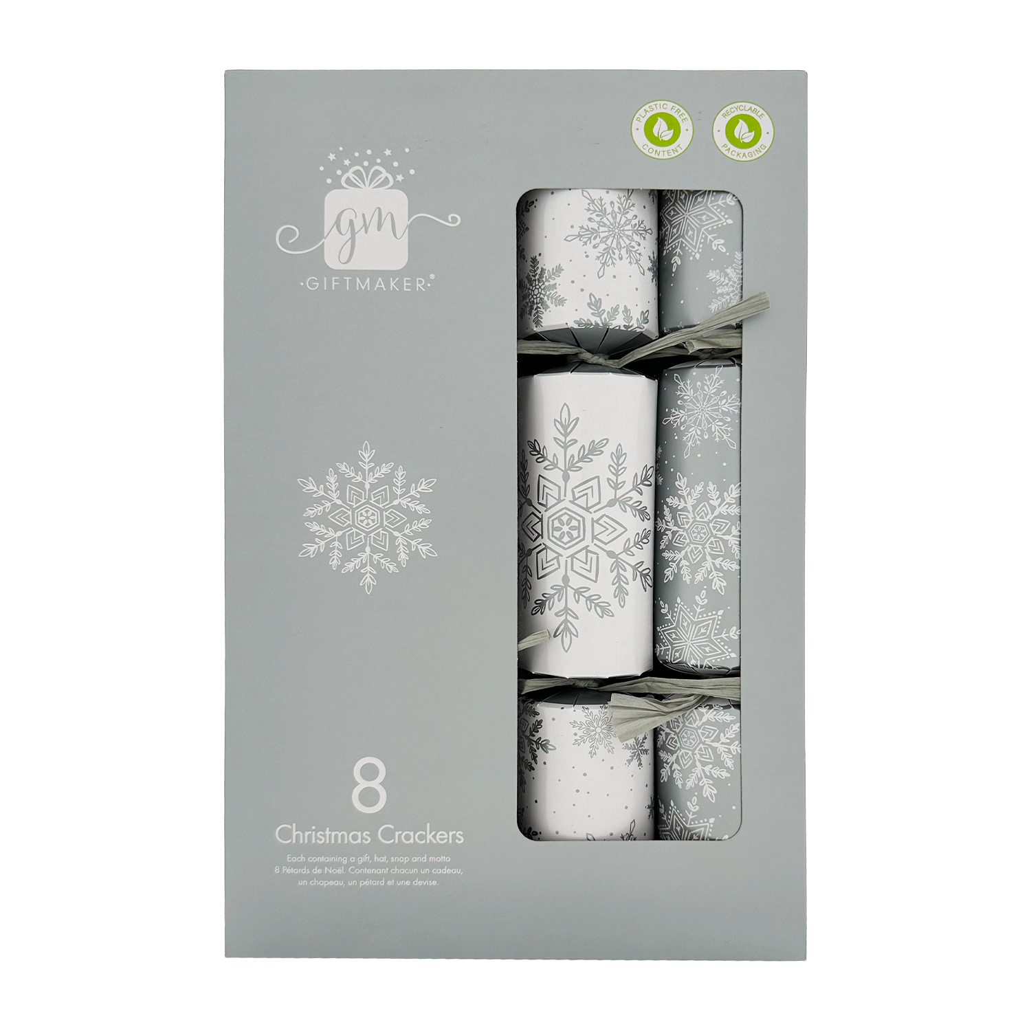 Giftmaker Silver and White Snowflake Christmas Crackers 8 Pack 8x12"