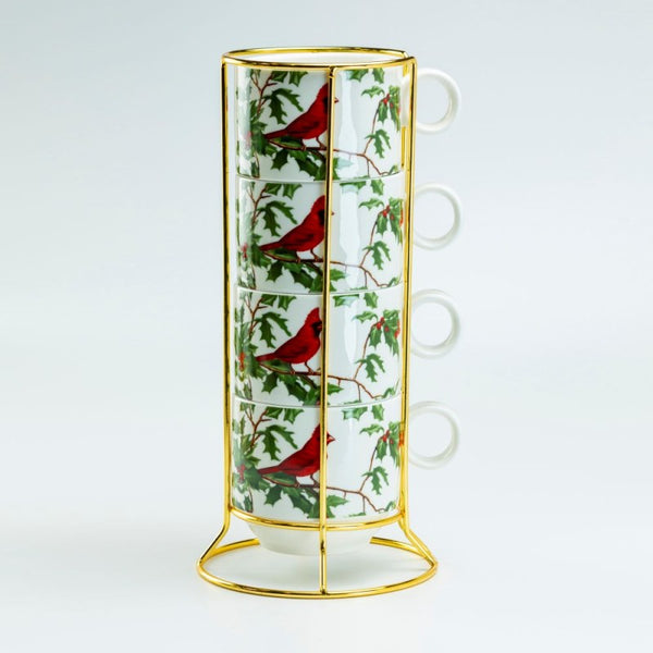 5 Piece Stackable Mugs Set. Christmas Cardinal
