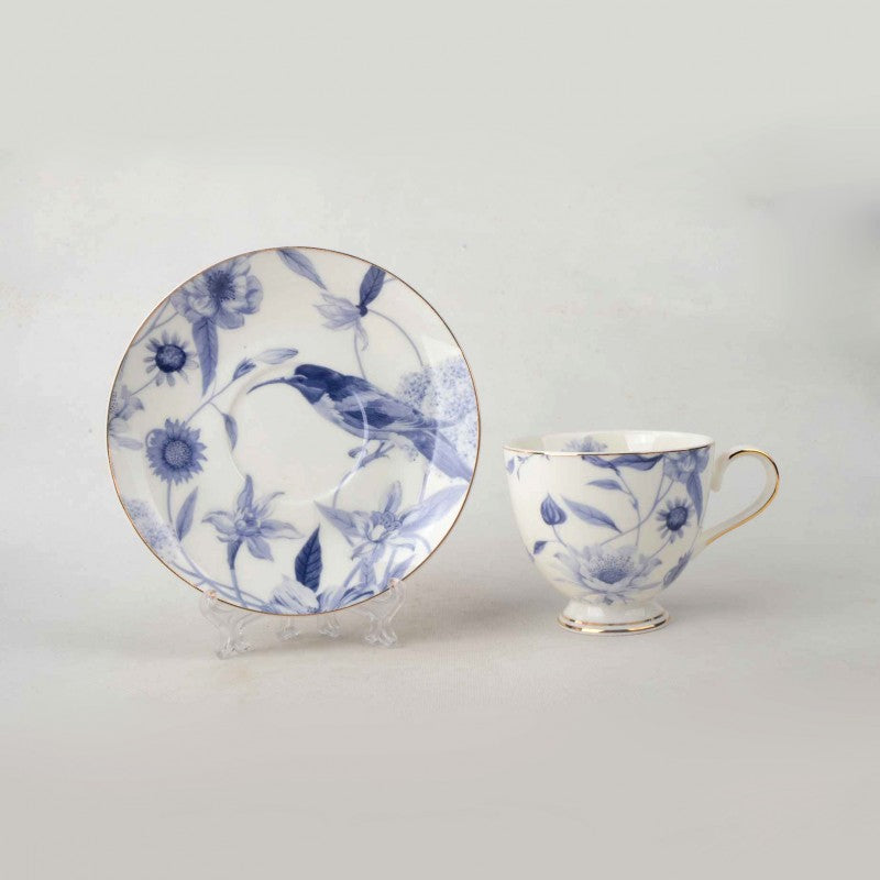 Set Of 4 Gold Trimmed Blue Bird Tea/Coffee Cup and Saucer