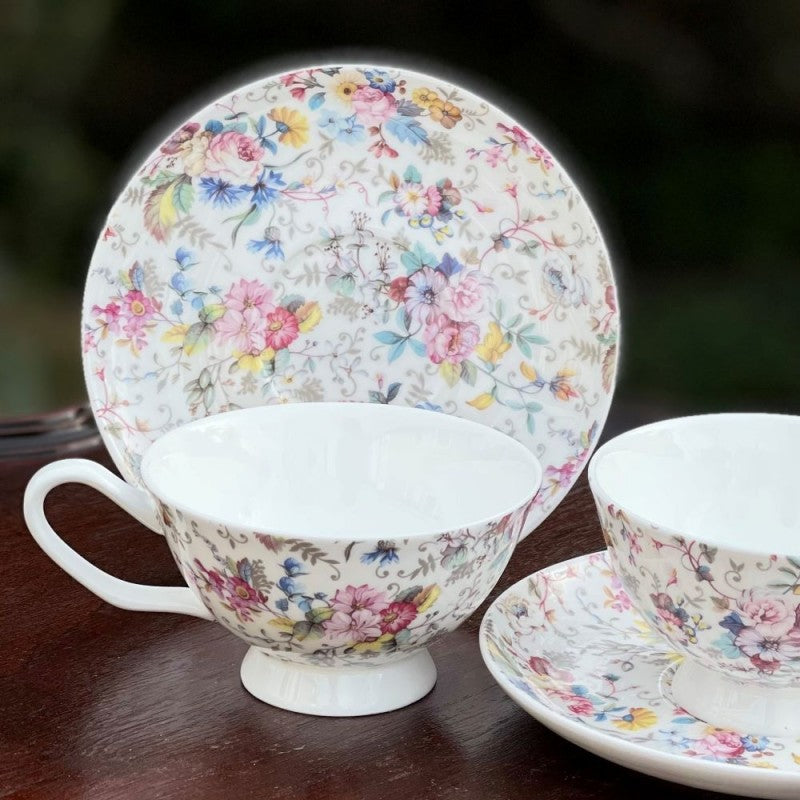 Cream Petite Rose Tea Cups and Saucers, Set of 4